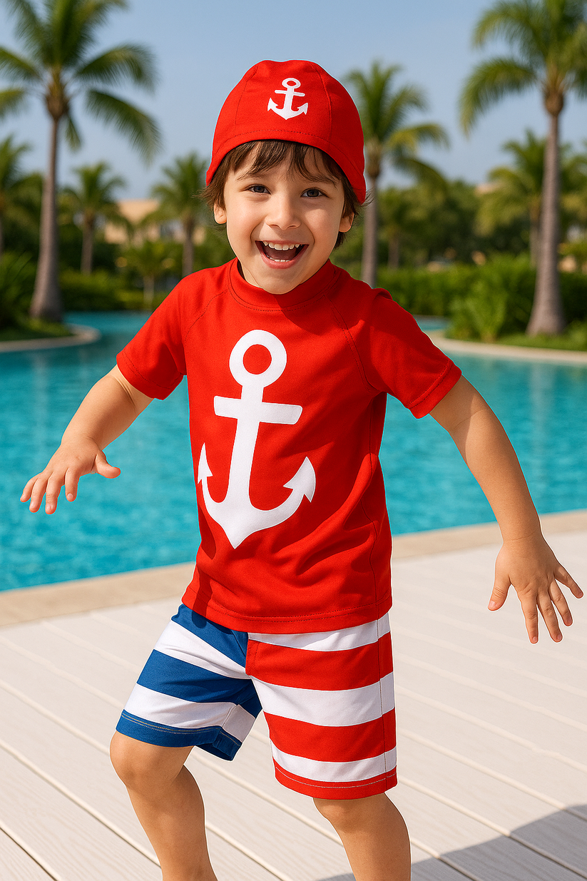 Bubble Berry Boys' 3-Piece Nautical Swimsuit Set, Anchor Print with Sw